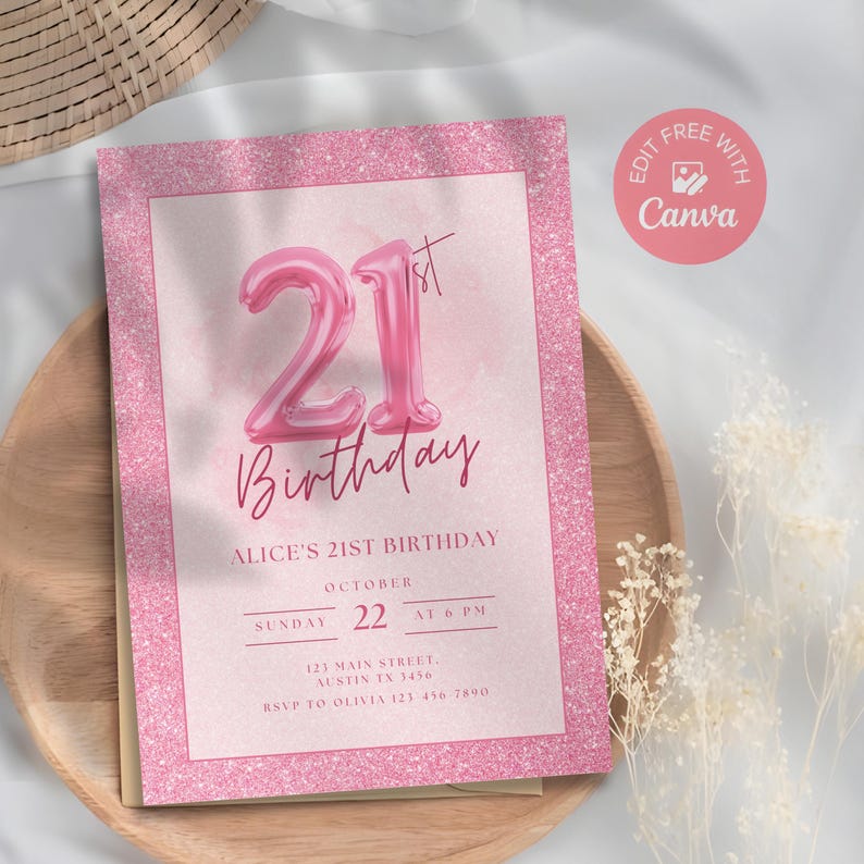Girls 21st Birthday Invite, Pink Glitter Balloons Birthday Invitation ...
