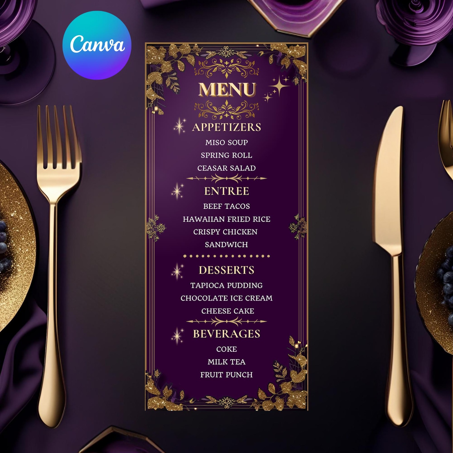Luxury Purple & Gold Menu Template 4x9 | Elegant Double-sided Wedding ...