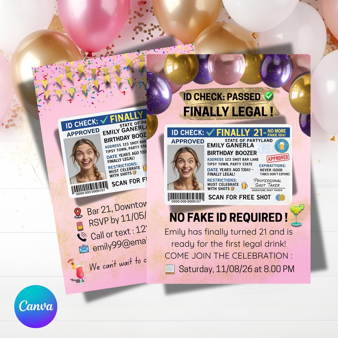 5*7 Inch Fake ID 21st Birthday Invitation Template | Funny Finally ...