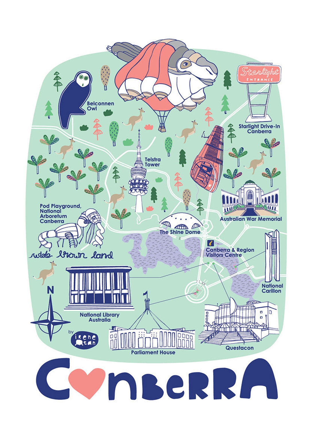 Canberra Map / Pale Green / Art Print / Home Decor / Giclee Print ...