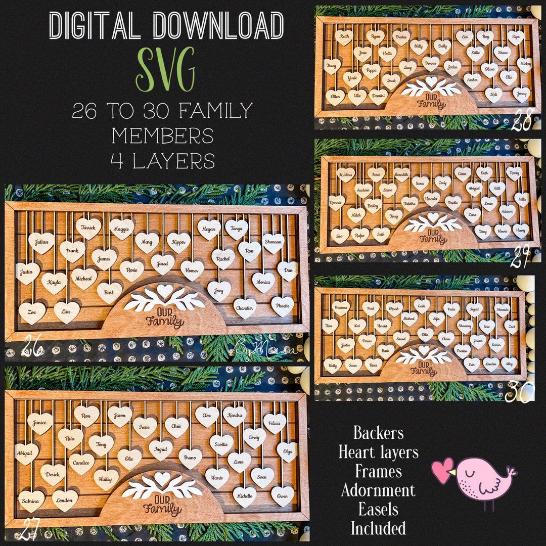 Family Member Heart Frame SVG: Laser Cut Template (21-30 Members) - Etsy