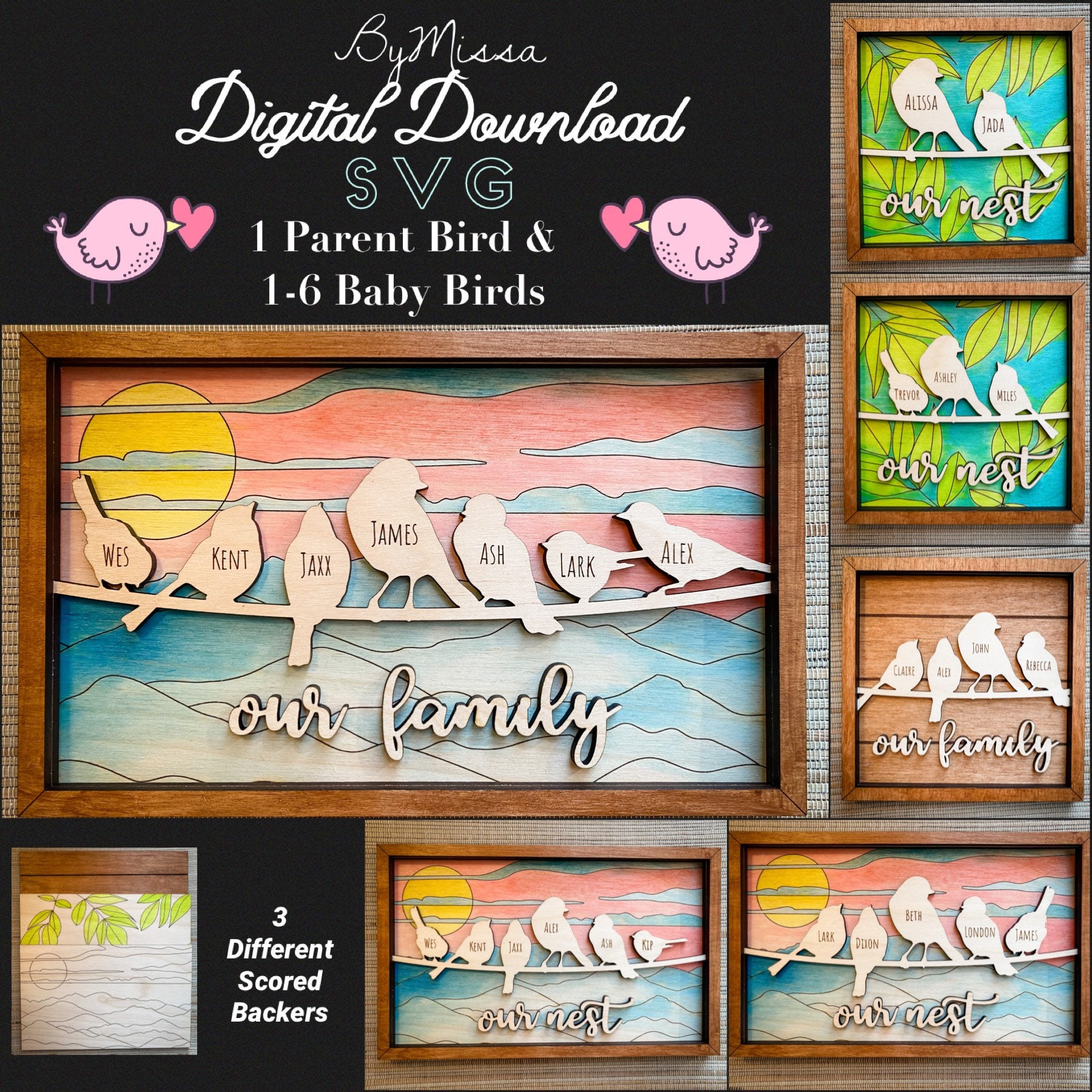 Bird Family Frame Set 13 Bird Family Compositions Frame & 3 - Etsy