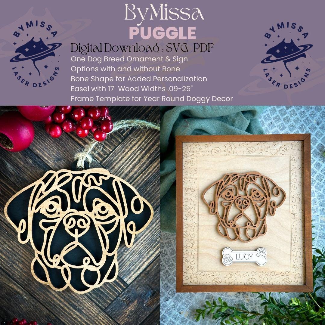 Puggle Line Art | Dog Breed Design | Ornaments, Sun Catchers, Frame ...