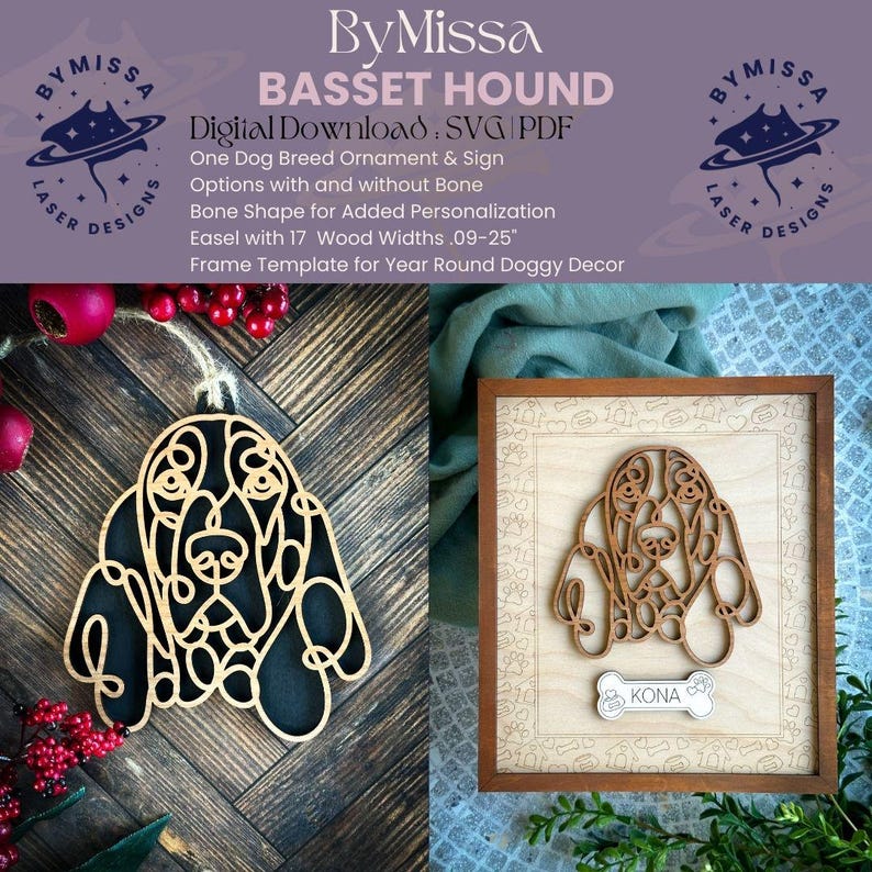 Basset Hound Line Art Ornament & Sign: Laser Cut SVG PDF - Etsy