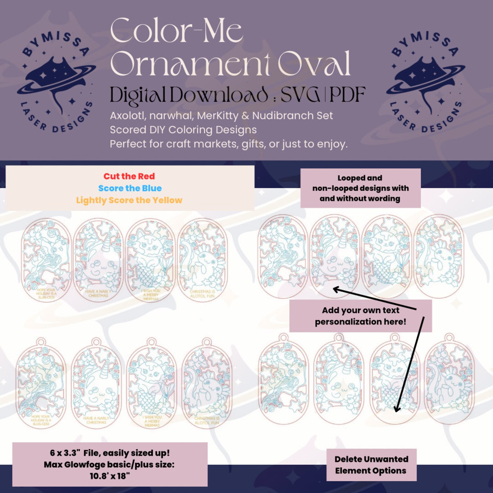 Color-me Ornaments: Axolotl, Narwhal, Merkitty, Nudibranch (SVG/PDF) - Etsy