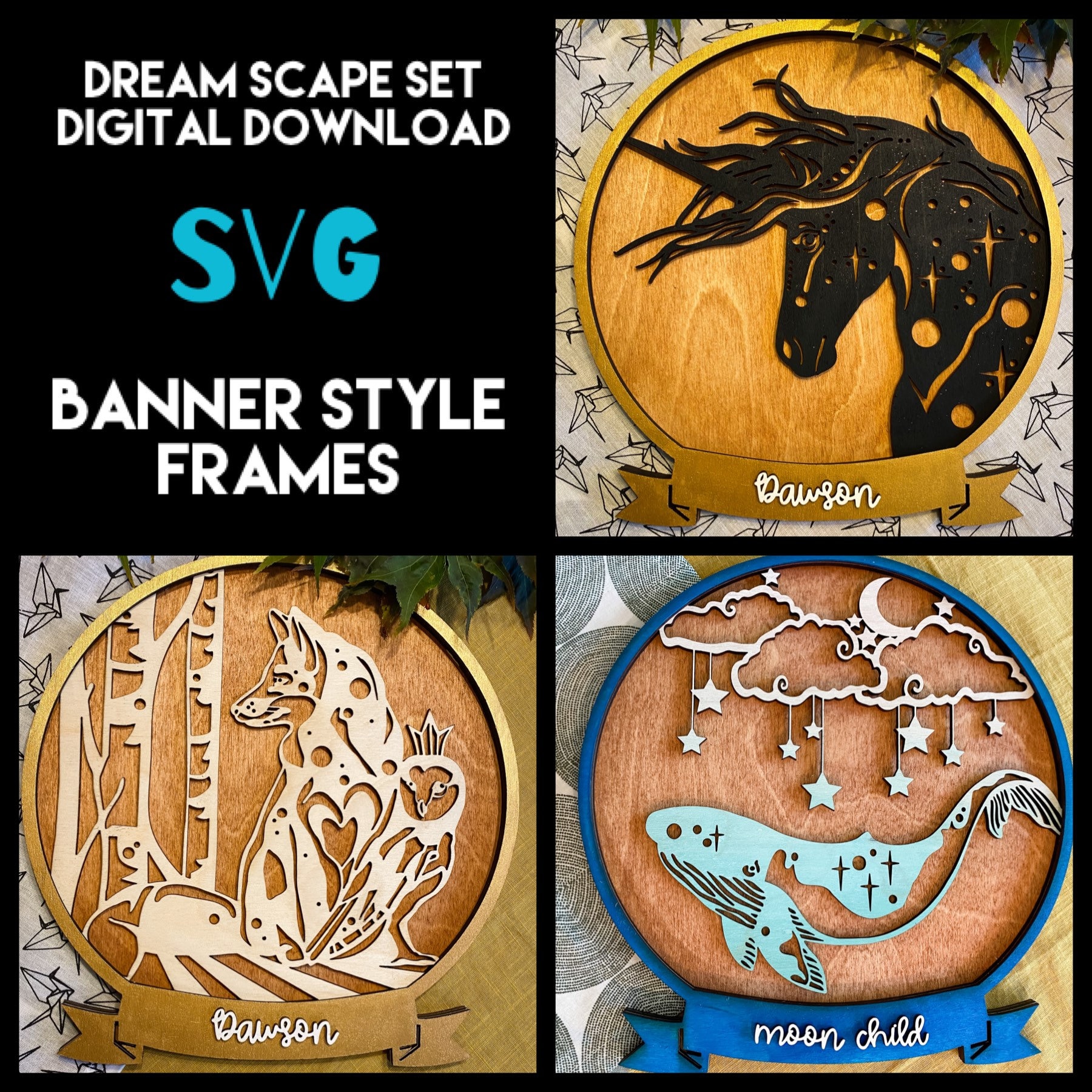 Dream Scape Sign Set: Whale, Fox/owl & Unicorn, SVG Glowforge and Laser ...