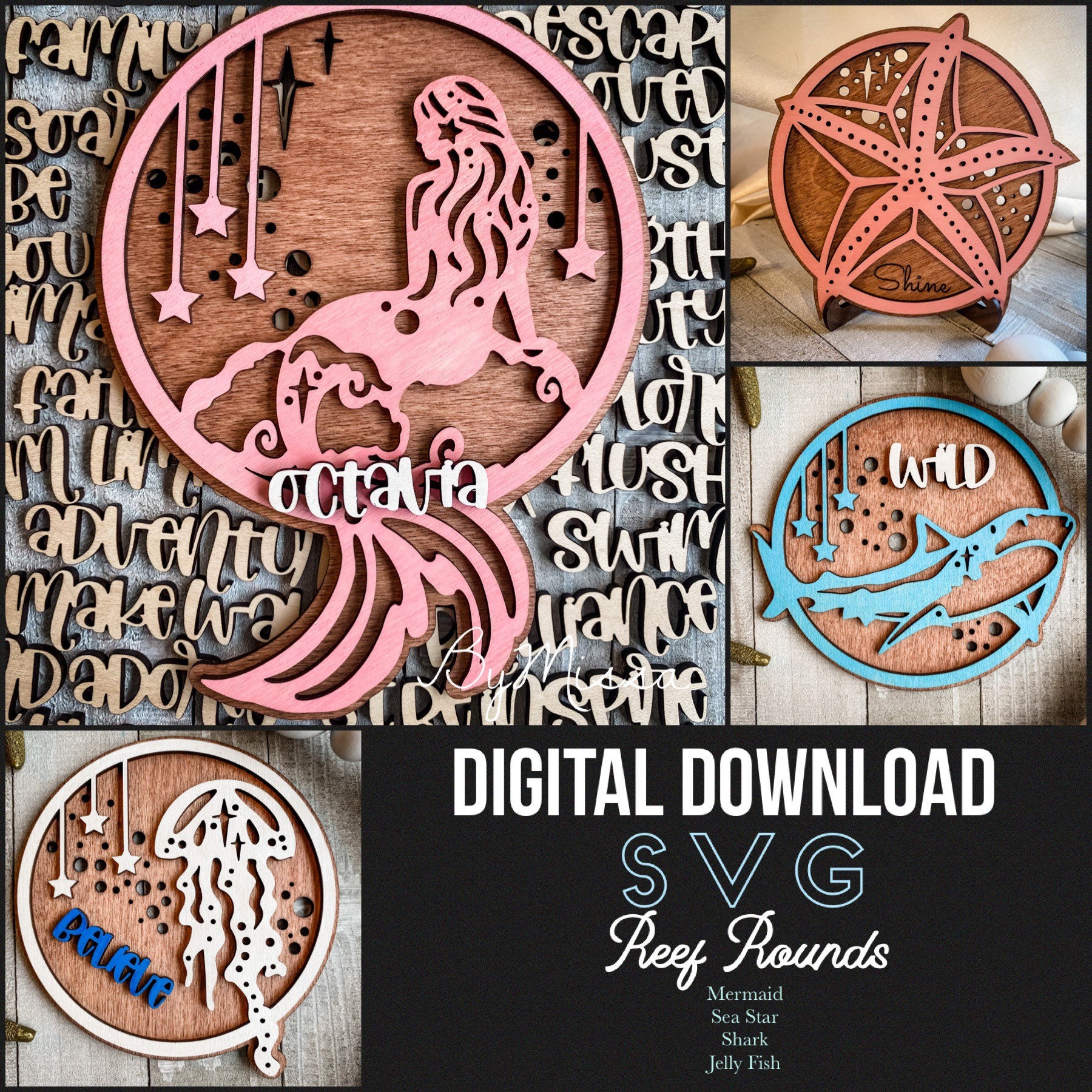 Reef Sea Sign ROUNDS + 50 Word Cut Outs + Easels | SVG | Glowforge and ...