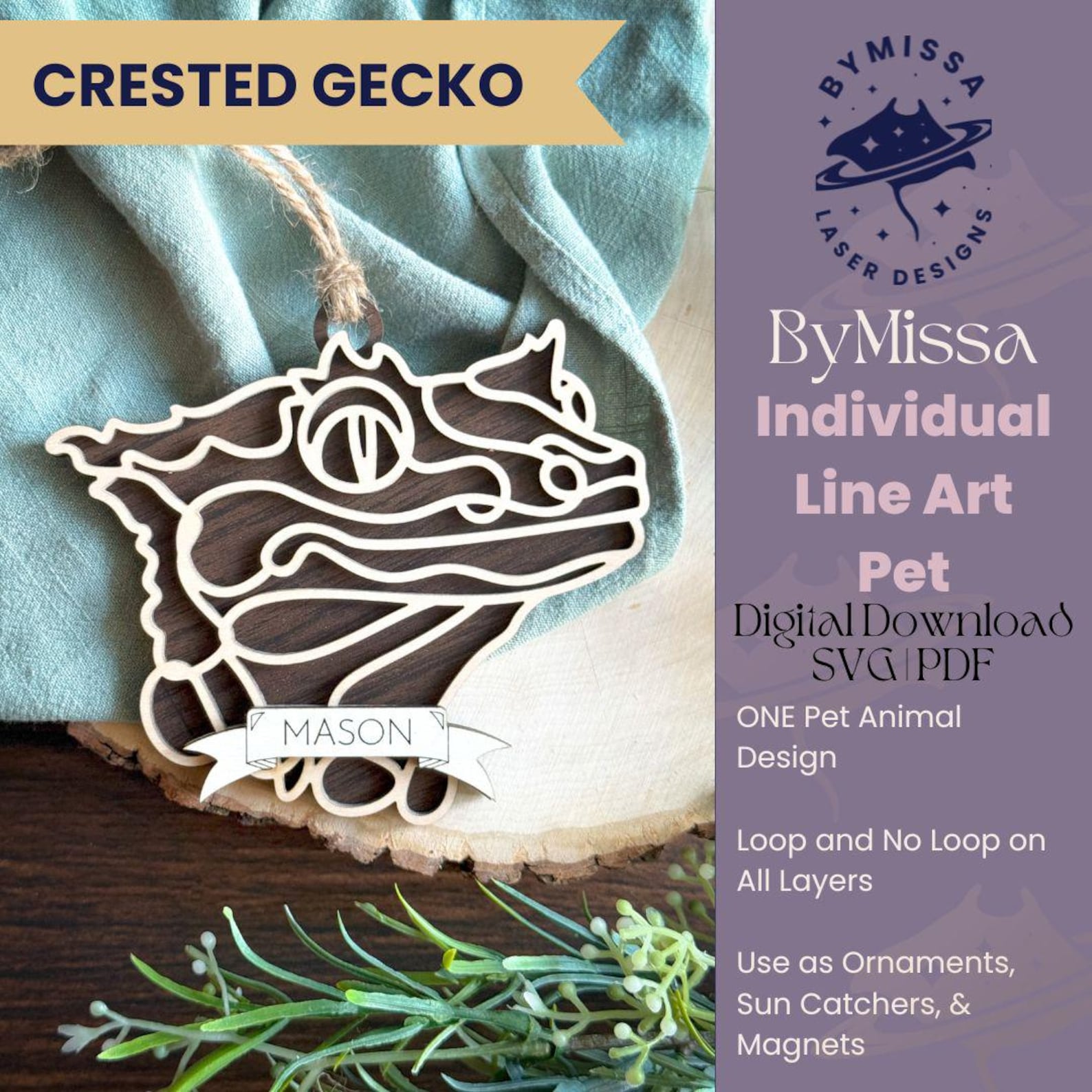 Crested Gecko Line Art: Laser Cut Ornament, Suncatcher (SVG & PDF) - Etsy