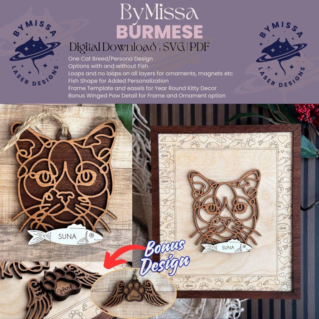 Burmese Cat Line Art: Laser Cut Ornament, Suncatcher SVG & PDF - Etsy