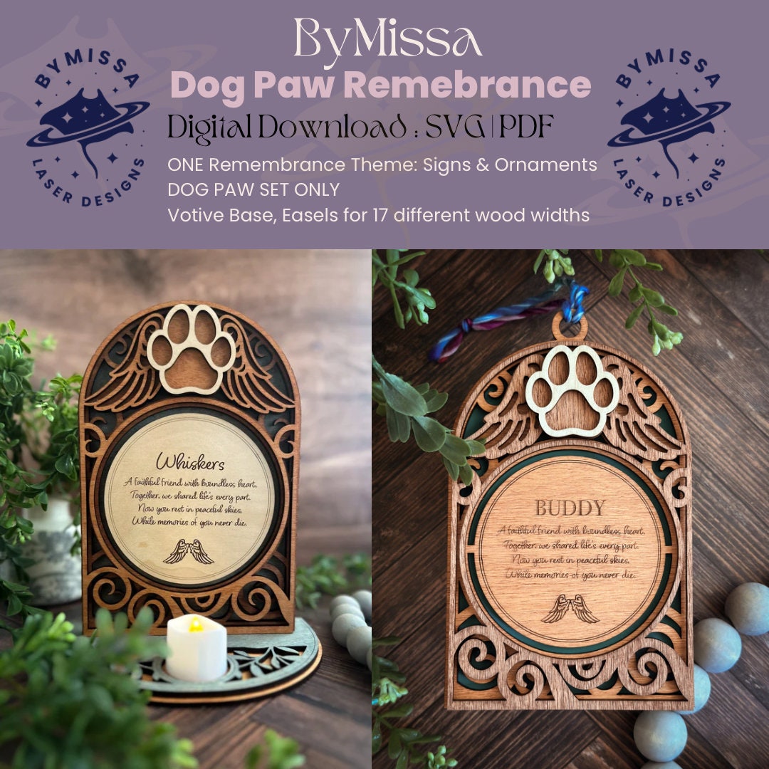 Dog Paw Remembrance Set | 1 Design Set | Sign, Votive Holder, Ornament ...