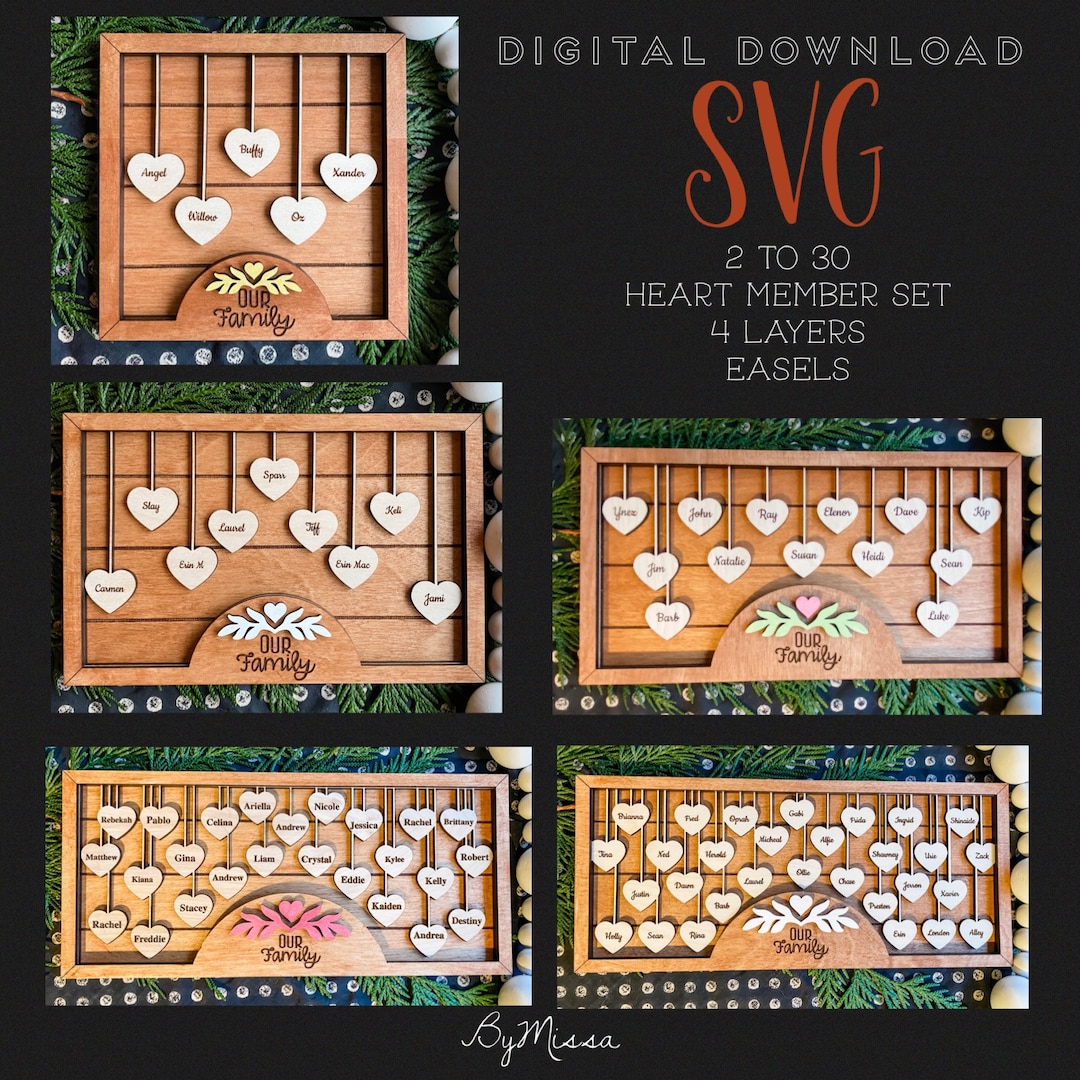 Heart Family Frame SVG: Laser Cut File, 2-30 Members (digital Download ...