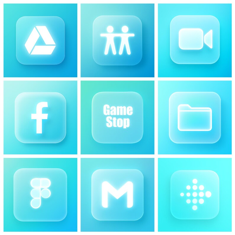 100 Cyan Glass Morphism Style App Icon Pack Ios & Popular Apps Lifetime ...