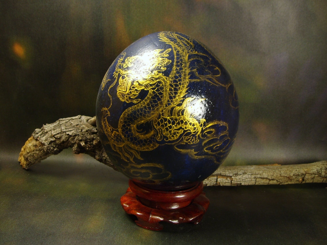 Double Golden Dragons/ Hand Painted Ostrich Egg/ Egg Art - Etsy