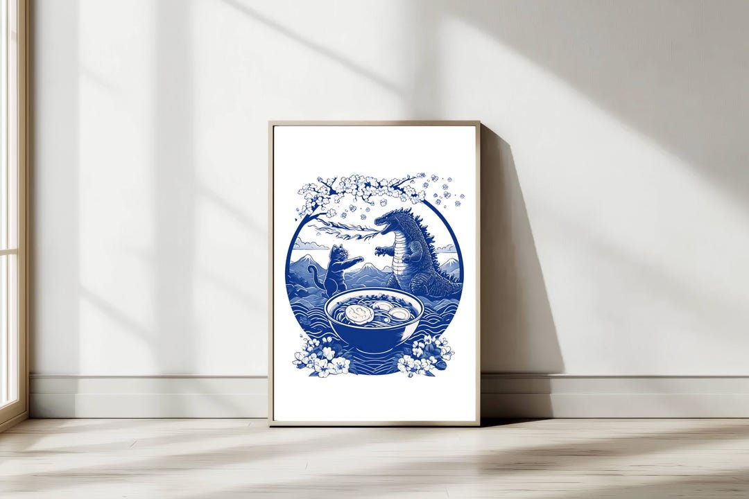 Godzilla Vs Lucky Cat Ramen Wall Art | Japanese Kaiju Printable Poster ...
