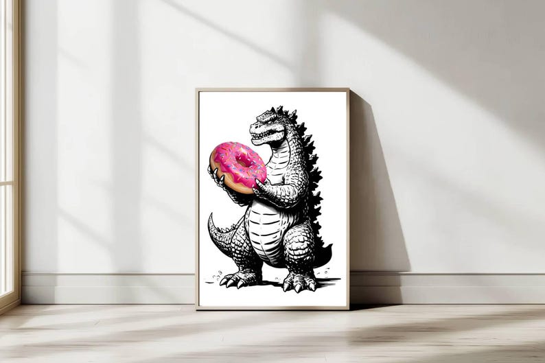 Godzilla Eating Donut Wall Art Printable | Japanese Kaiju Poster ...