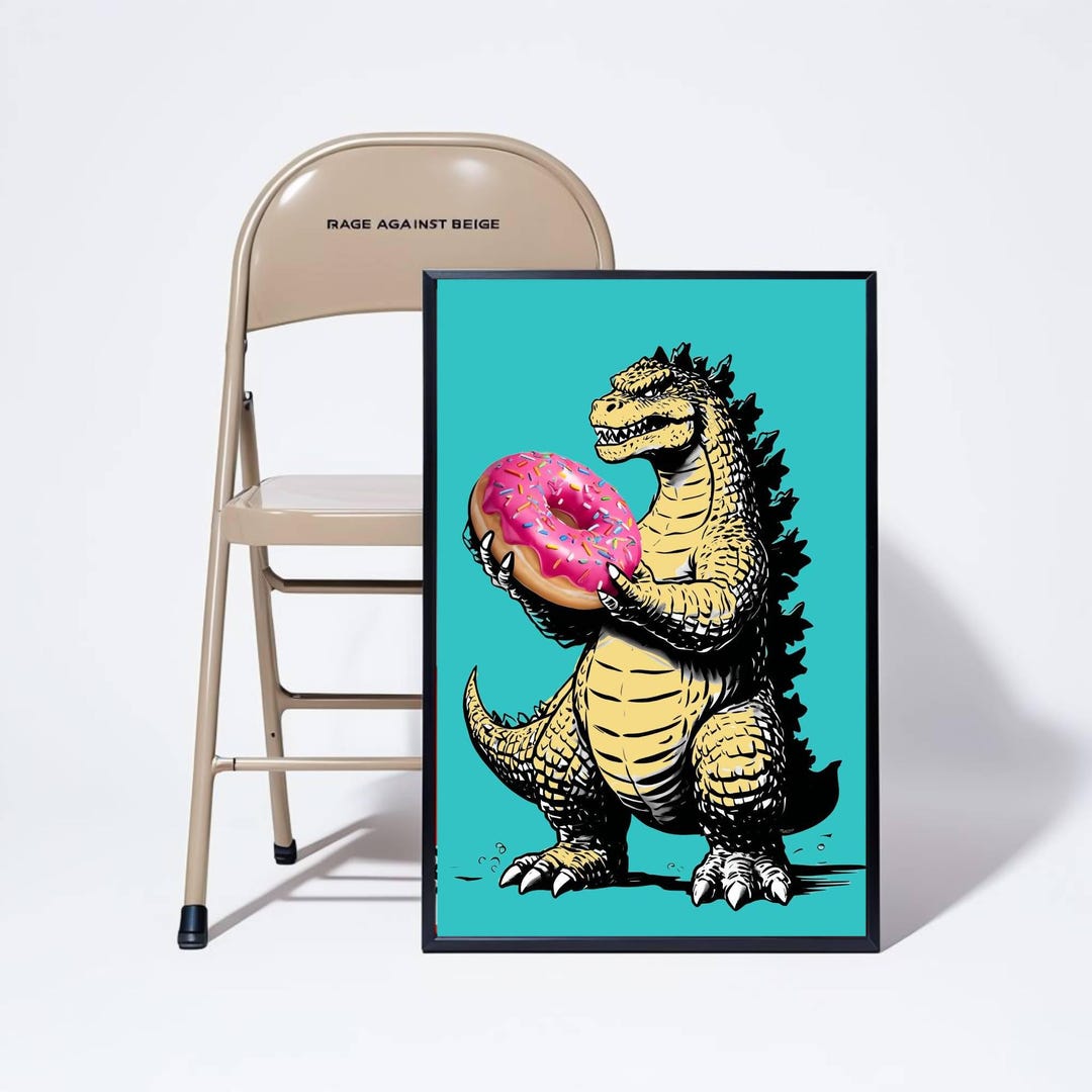Godzilla Eating Pink Donut Wall Art | Mid Century Kaiju Decor for Kids ...