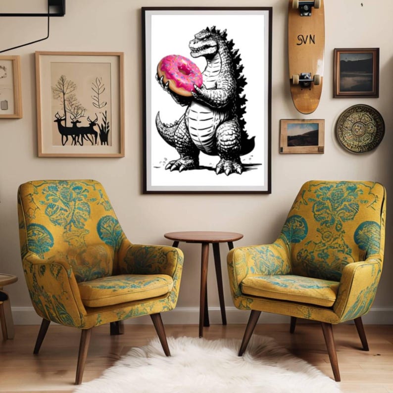 Godzilla Eating Donut Wall Art Printable | Japanese Kaiju Poster ...
