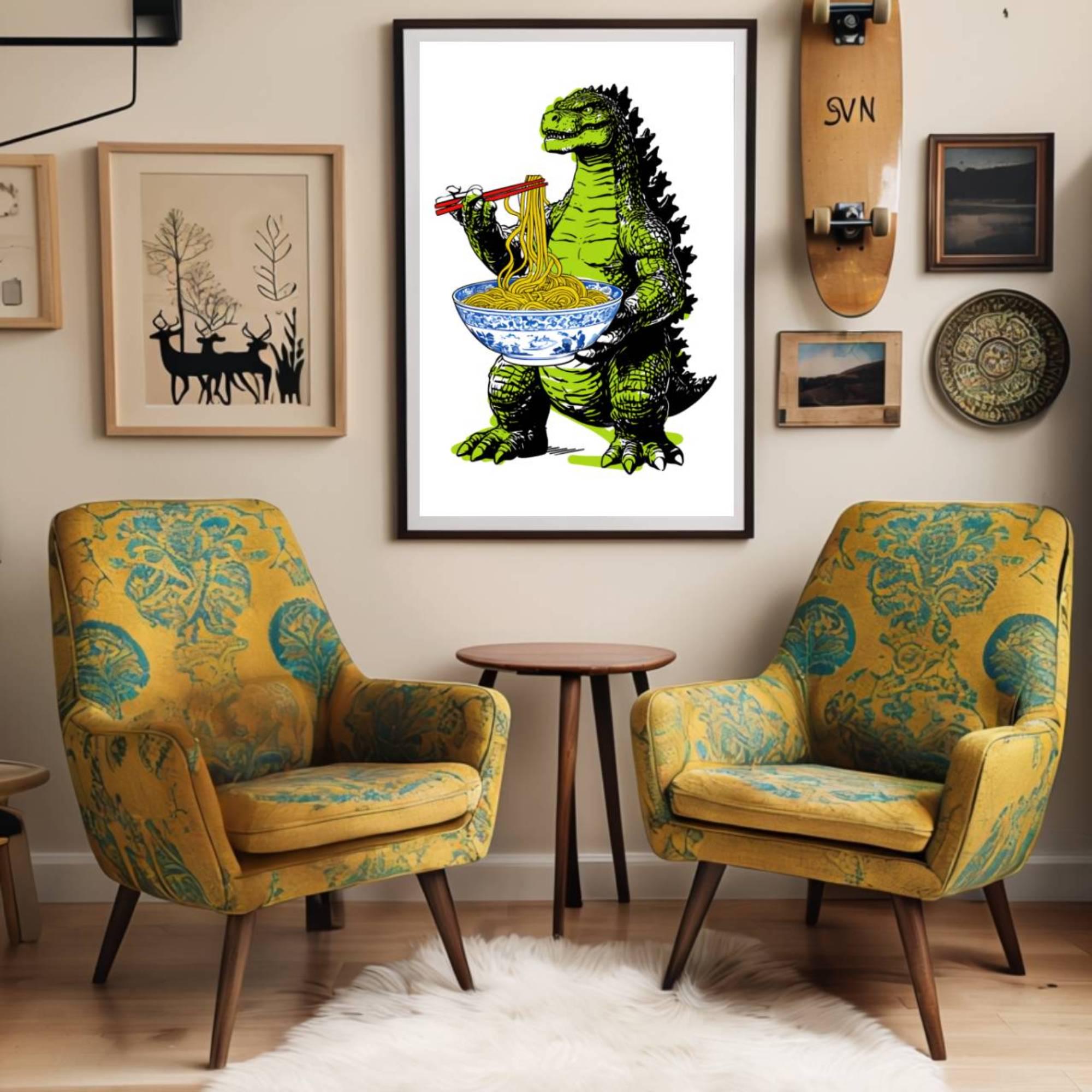 Godzilla Eating Ramen Printable Wall Art | Vertical Kaiju Poster ...