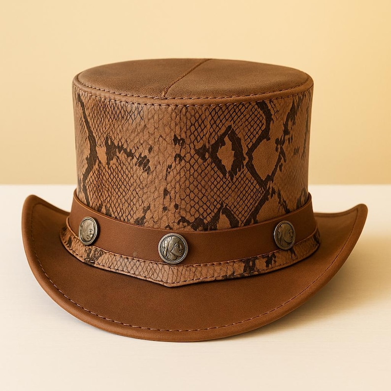 Handmade Brown Leather Top Hat Snakeskin Pattern With Metal Accent ...