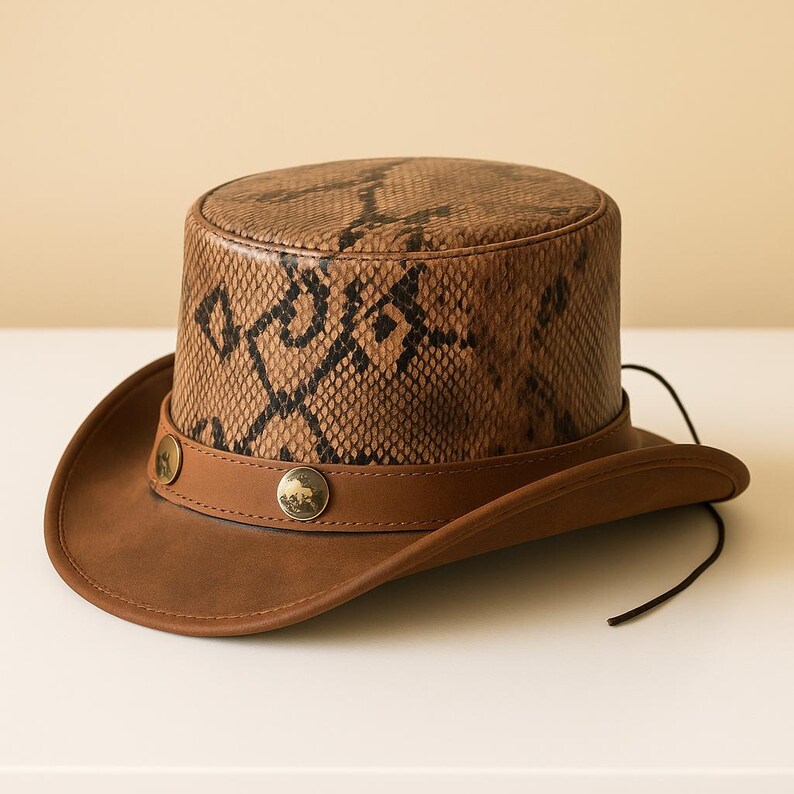 Handmade Brown Leather Top Hat Snakeskin Pattern With Metal Accent ...