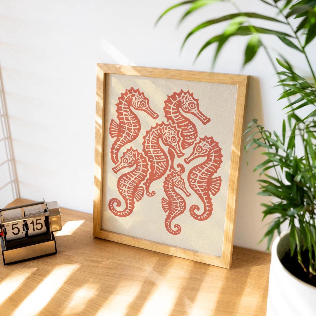 Seahorse Linocut Print Style Poster | Vintage Retro Nautical Wall Art ...