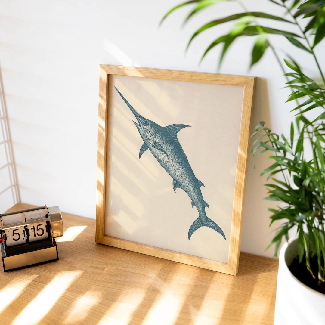 Vintage Swordfish Art Poster | Nautical Sea Life Wall Decor | Coastal ...