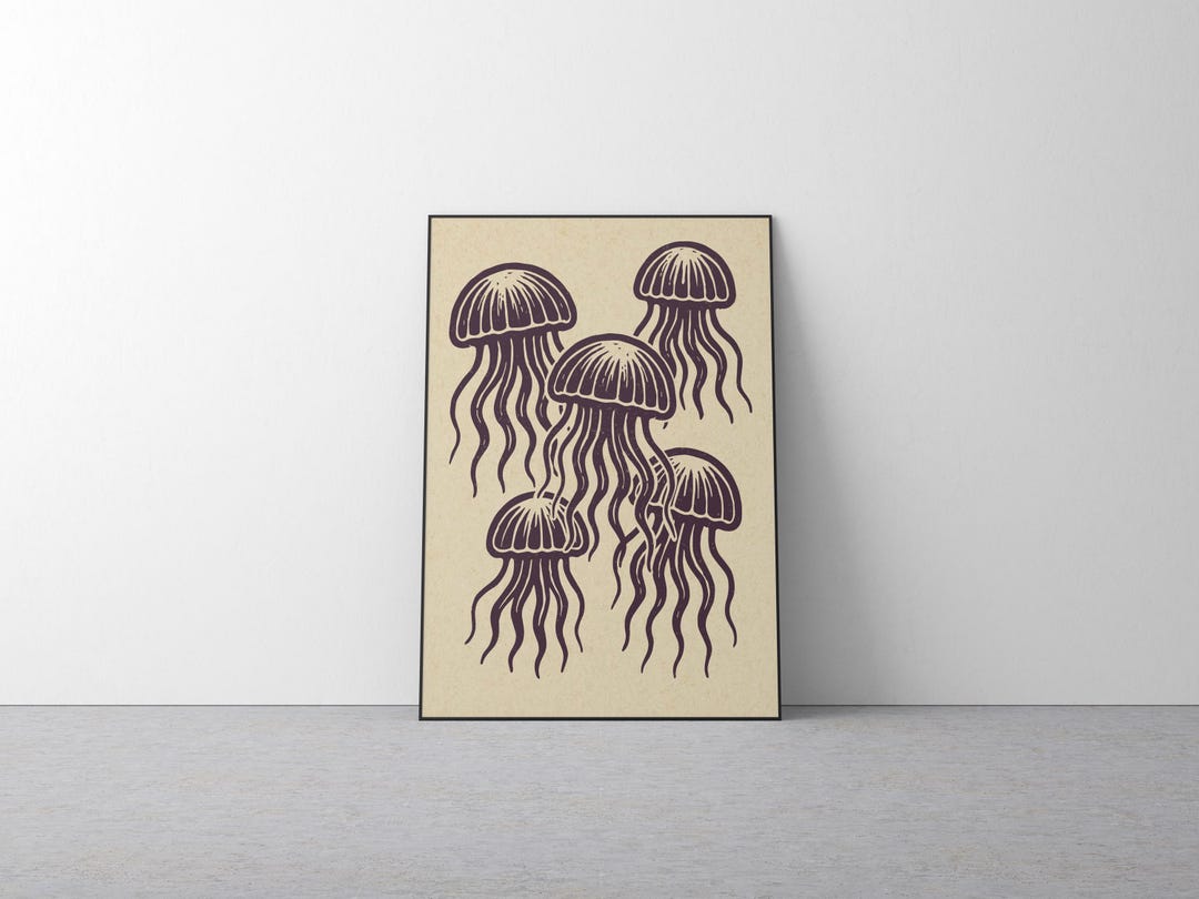 Vintage Jellyfish Poster - Bold Linocut Illustration - Art Print for ...