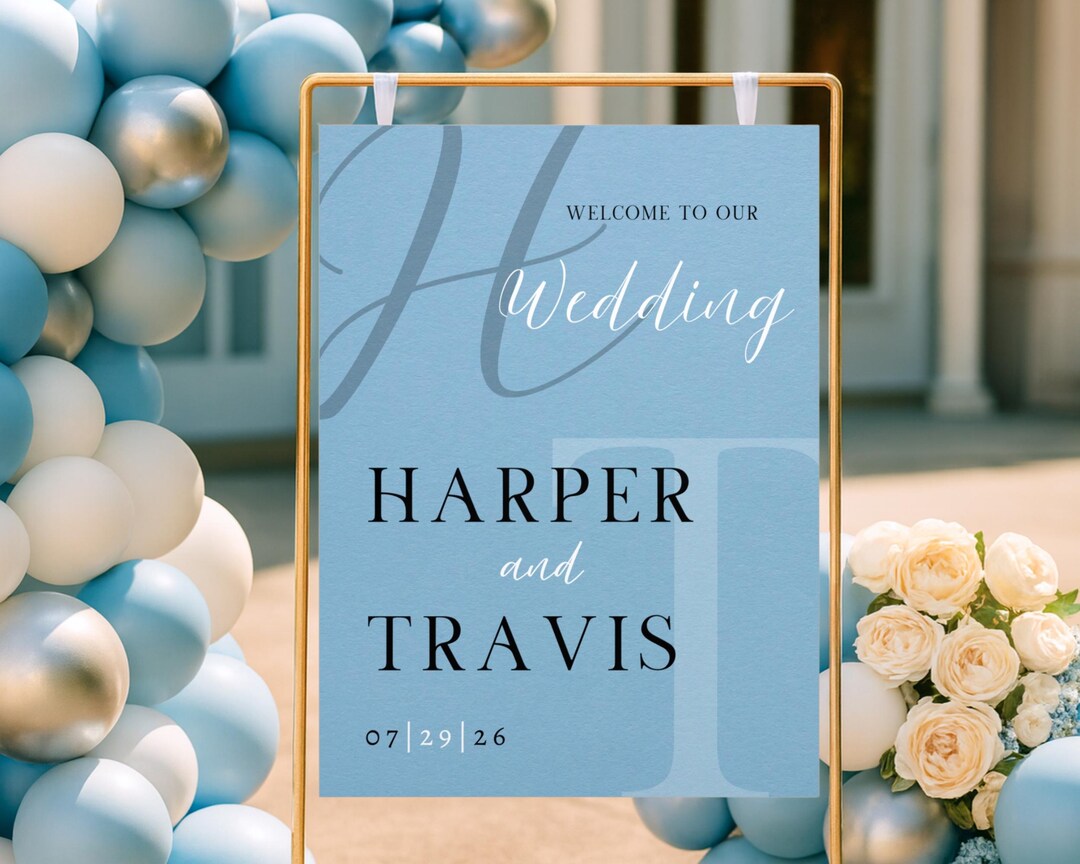 Dusty Blue Wedding Signage Bride & Groom Monogram Welcome Sign Pastel ...