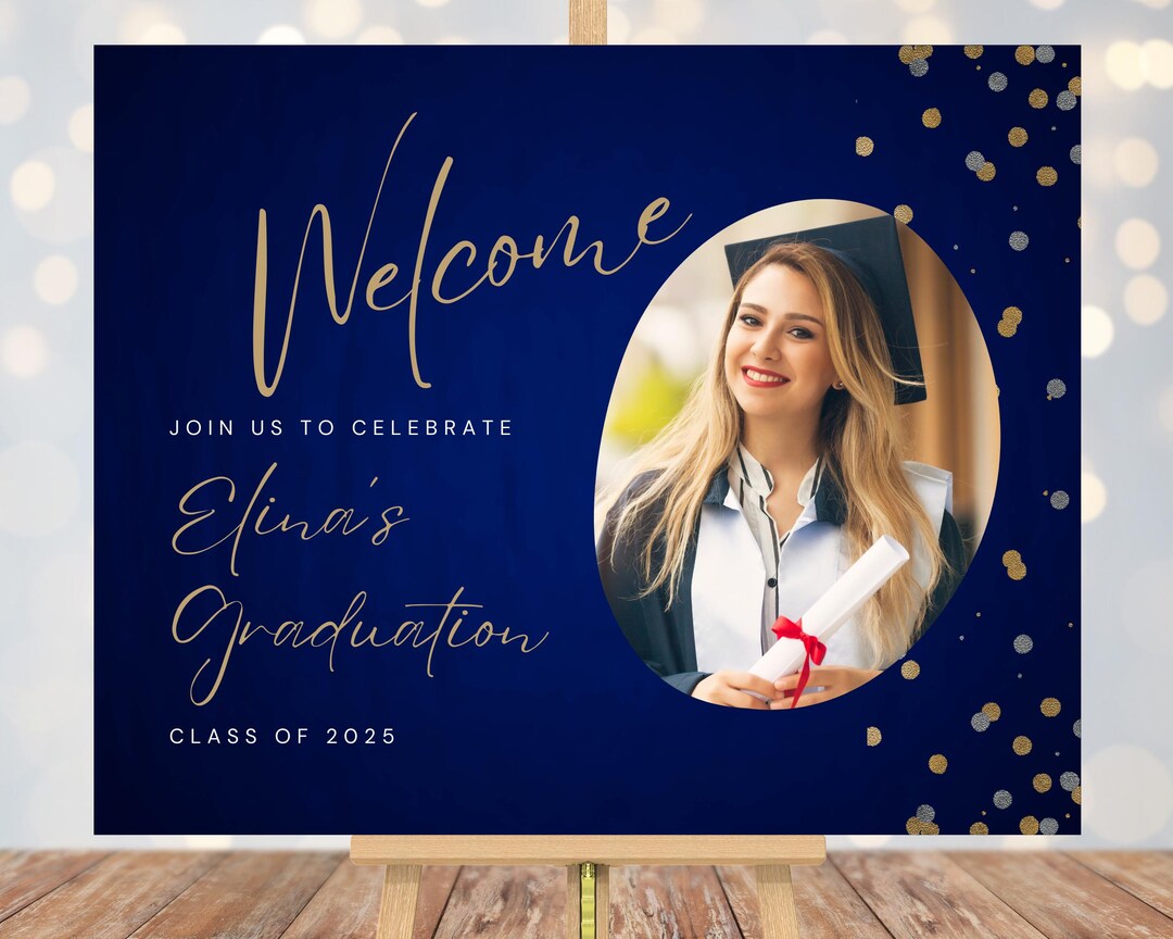 Graduation Party Welcome Poster Blue Gold Theme Party Decor Grad ...