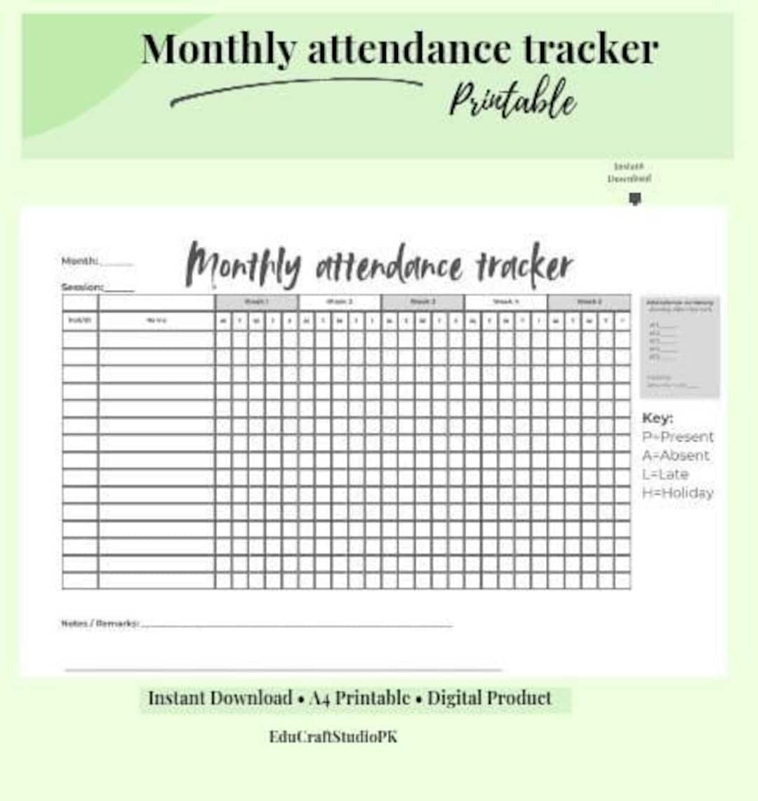 Monthly Attendance Tracker Printable PDF A4 Landscape Week 1-5 Grid ...