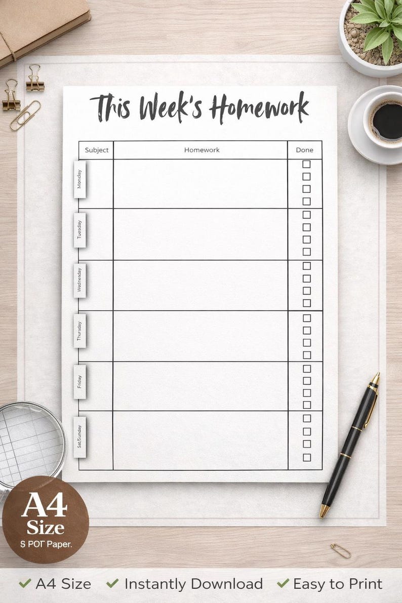 Weekly Homework Planner Printable A4 PDF, Student Assignment Tracker ...