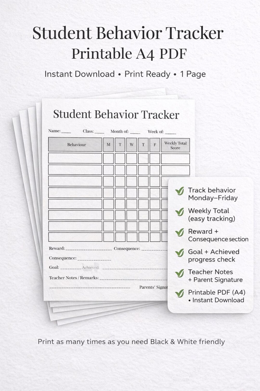 Student Behavior Tracker Printable A4 | Weekly Classroom Reward Chart ...