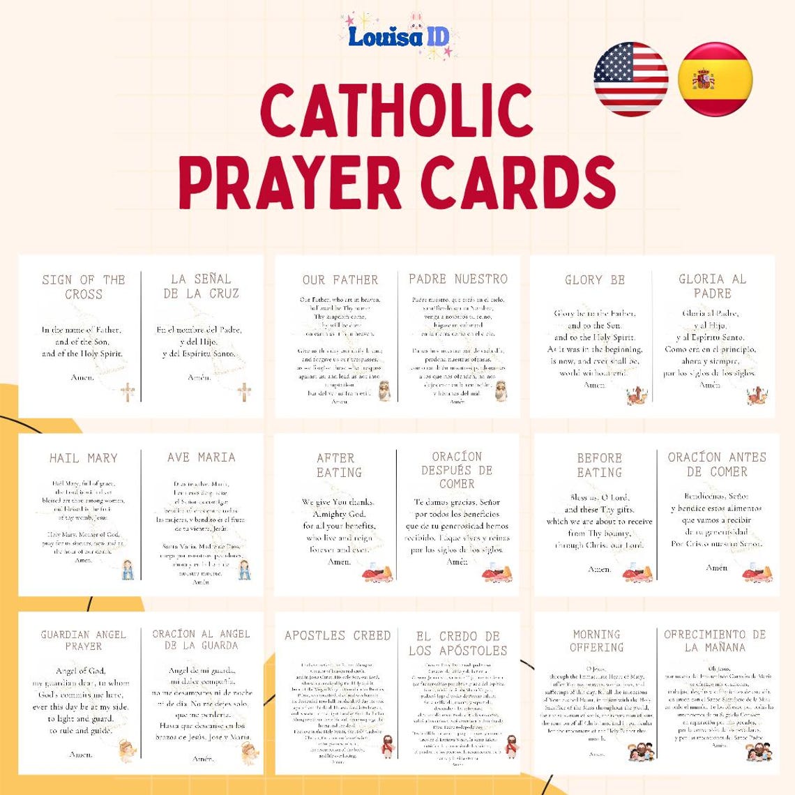 Spanish English Catholic Prayer Cards, 12 Printable Billingual Prayers ...