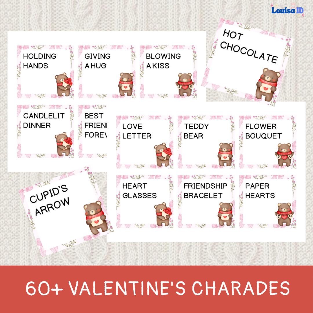 Valentine Charades for Kids, 60+ Cute Valentine Charades Cards, Family ...