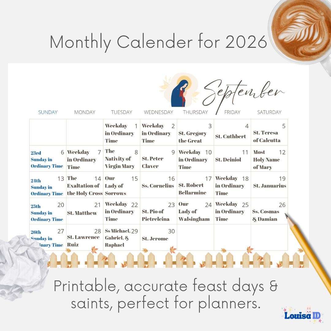 Catholic Liturgical Calender, Printable September Saints & Feast Days ...