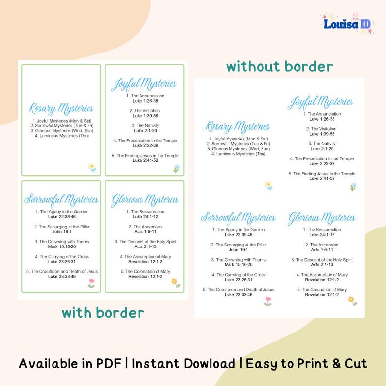 Catholic Rosary Prayer Cards: Mysteries Guide (printable PDF) - Etsy