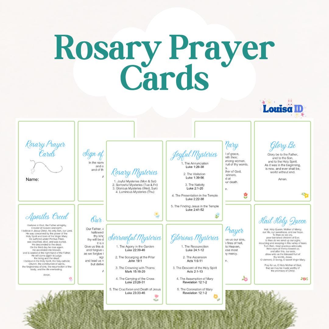 Catholic Rosary Prayer Cards, Mysteries of the Rosary, Printable Rosary ...
