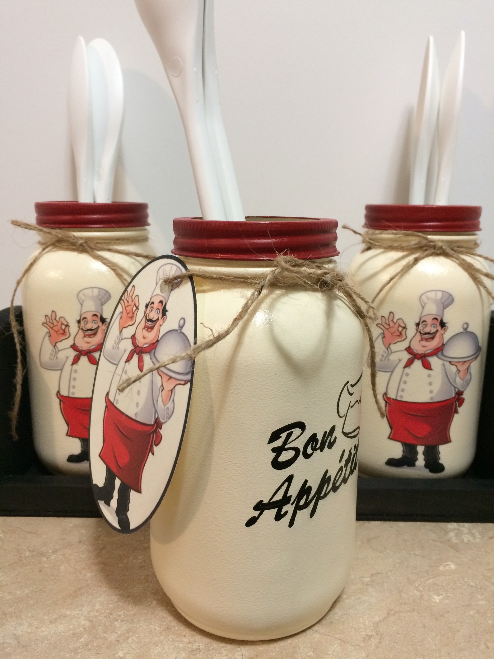 Mason Jar Utensil Holder,chef Decor,chef Kitchen,decoupage Jars,hand ...