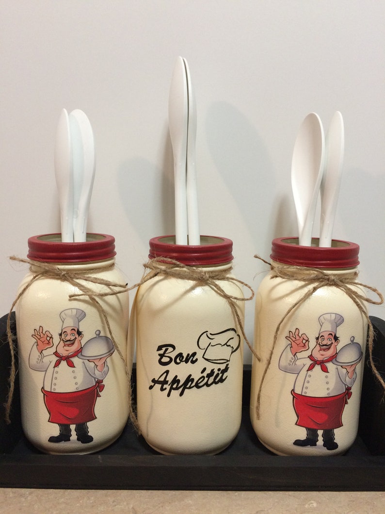 Mason Jar Utensil holderChef DecorChef Kitchendecoupage | Etsy