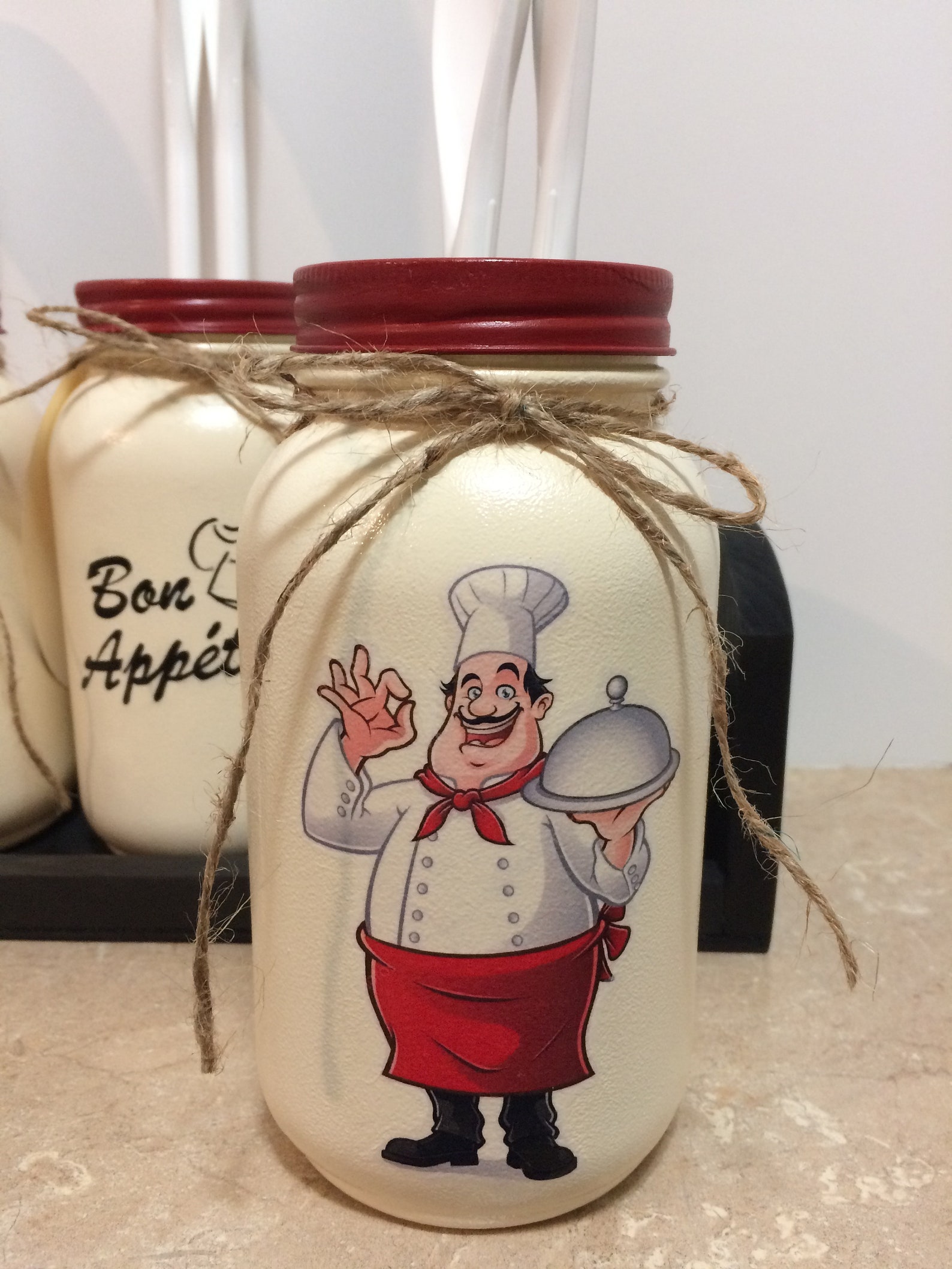 Mason Jar Utensil Holder,chef Decor,chef Kitchen,decoupage Jars,hand ...