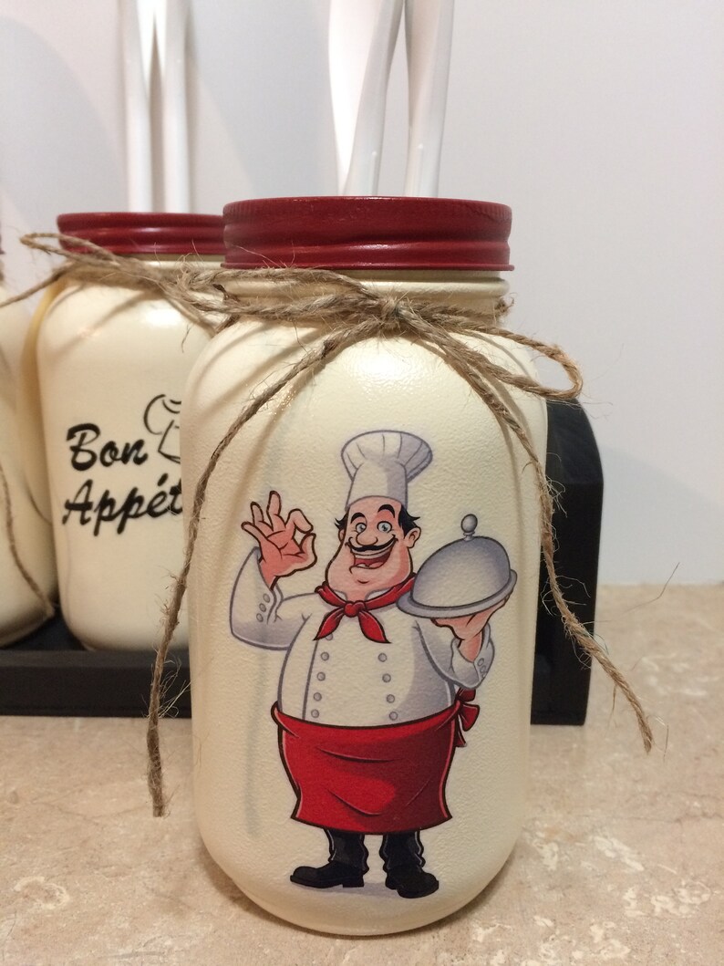 Mason Jar Utensil holderChef DecorChef Kitchendecoupage | Etsy