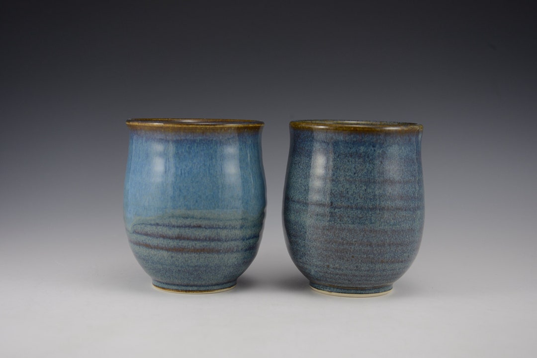 Two Mismatched 8 Oz Wheel Thrown Steel Blue Tea Cups Handmade Stoneware ...