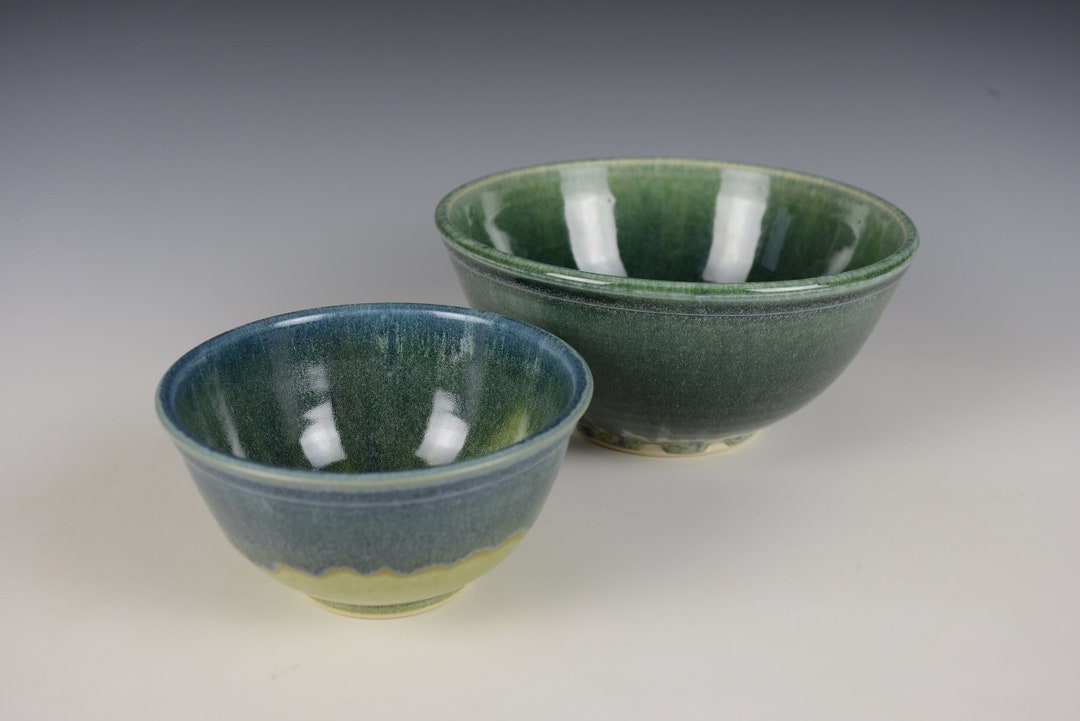 2 Mismatched Bowls Blue Green Ceramic 24 Oz Soup 10 Oz Ice Cream Bowl ...