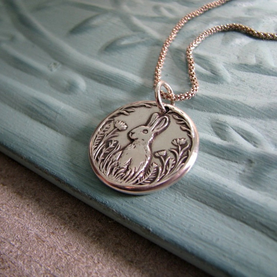 Wonder Personalized Fine Silver Rabbit and Flowers Pendant - Etsy