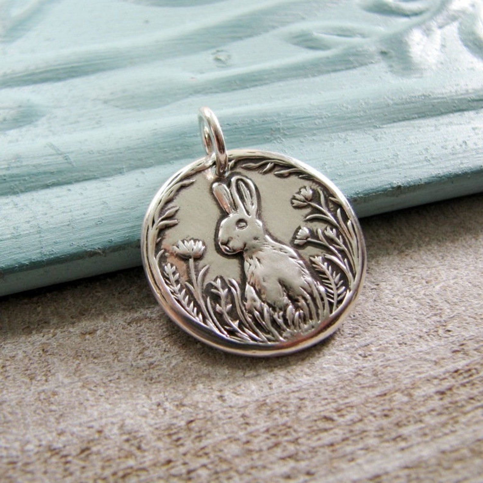 Wonder, Personalized Fine Silver Rabbit and Flowers Pendant, Hare ...
