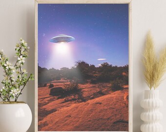 UFO Poster Wall Art Retro Wall Decor Sci Fi Poster UFO Alien Desert ...
