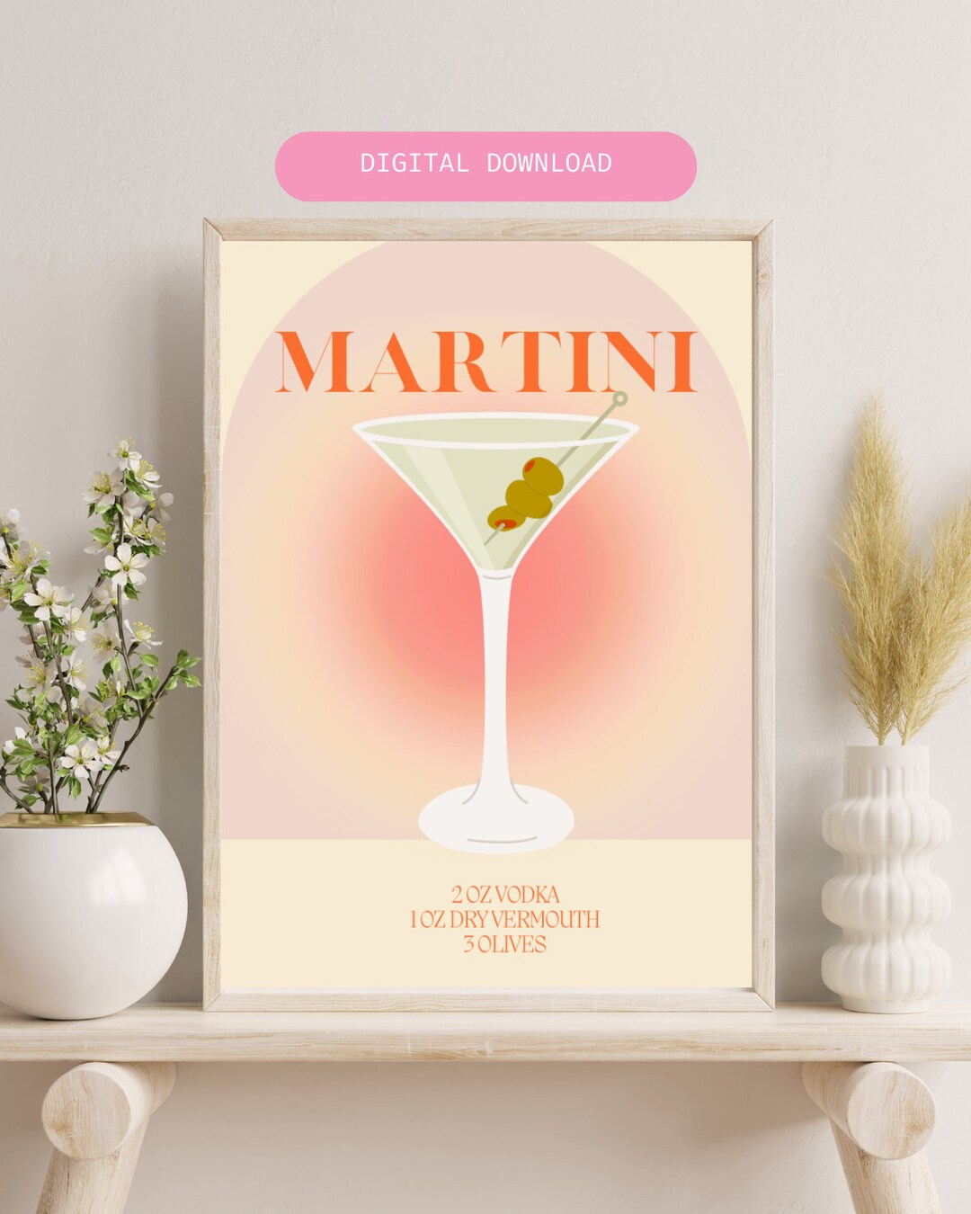 Martini Art Print Bar Cart Decor Cocktail Poster Party Signature Drink ...