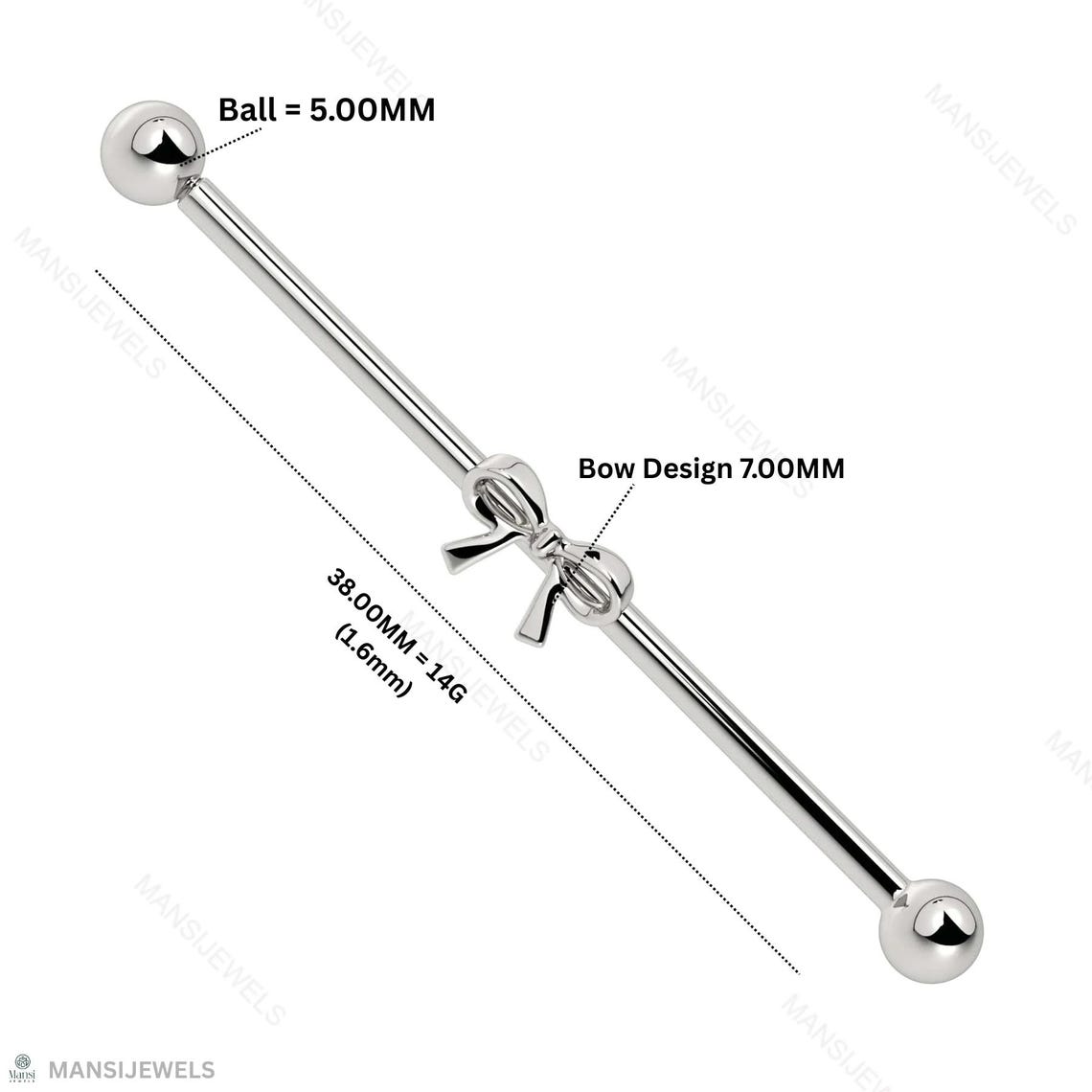 14K Gold Bow Industrial Barbell Piercing – 14G Scaffold Cartilage ...
