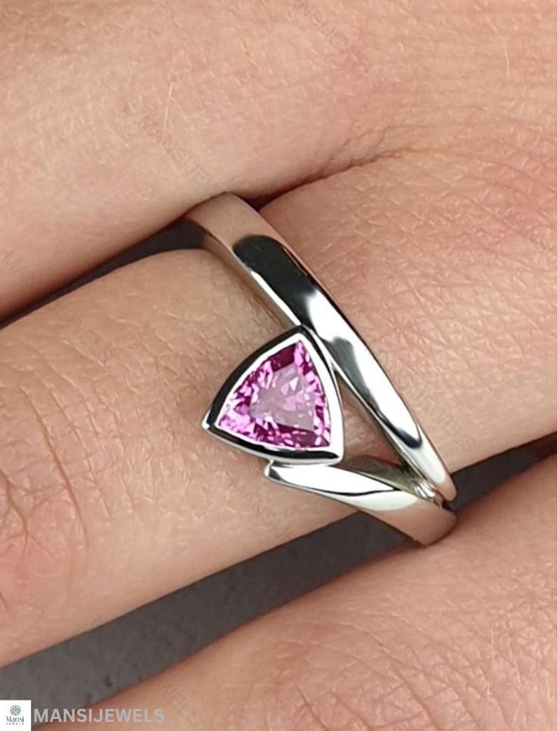 Trillion Cut Pink Sapphire Ring – Modern Bypass Engagement Ring – 14K ...