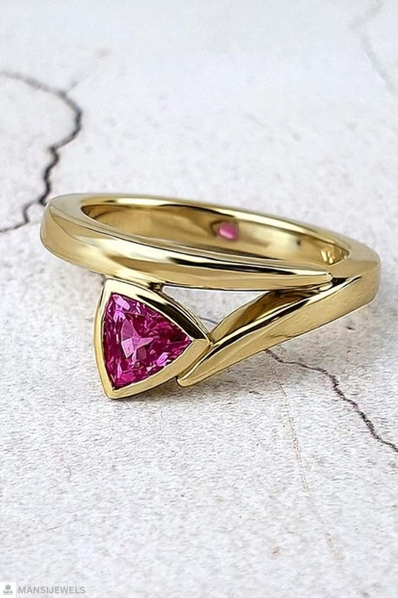 Trillion Cut Pink Sapphire Ring – Modern Bypass Engagement Ring – 14K ...